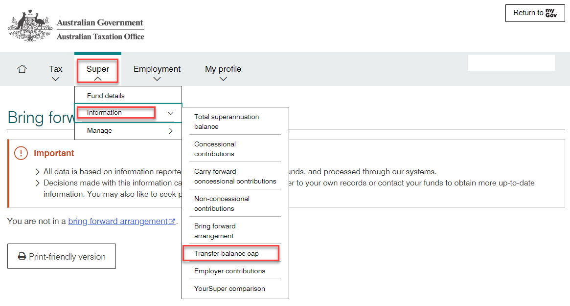 ATO - Obtaining Transfer Balance Cap information